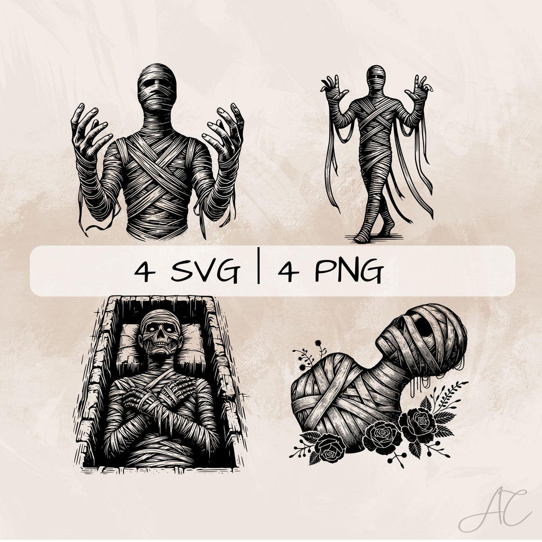 Mummy SVG Bundle, Spooky Mummy PNG, Scary Mummy Clipart, Hand Drawn ...