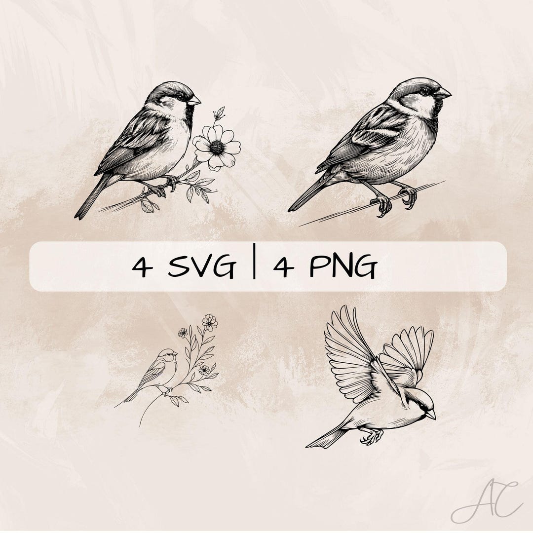 Sparrow SVG Bundle, Floral Sparrow PNG , Flying Sparrow Clipart, Hand ...