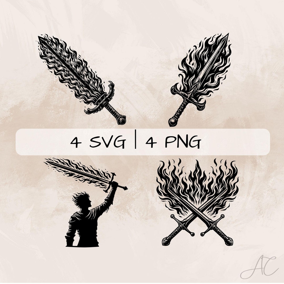 Flaming Sword SVG Bundle, Burning Sword PNG , Flame Sword Clipart, Hand ...