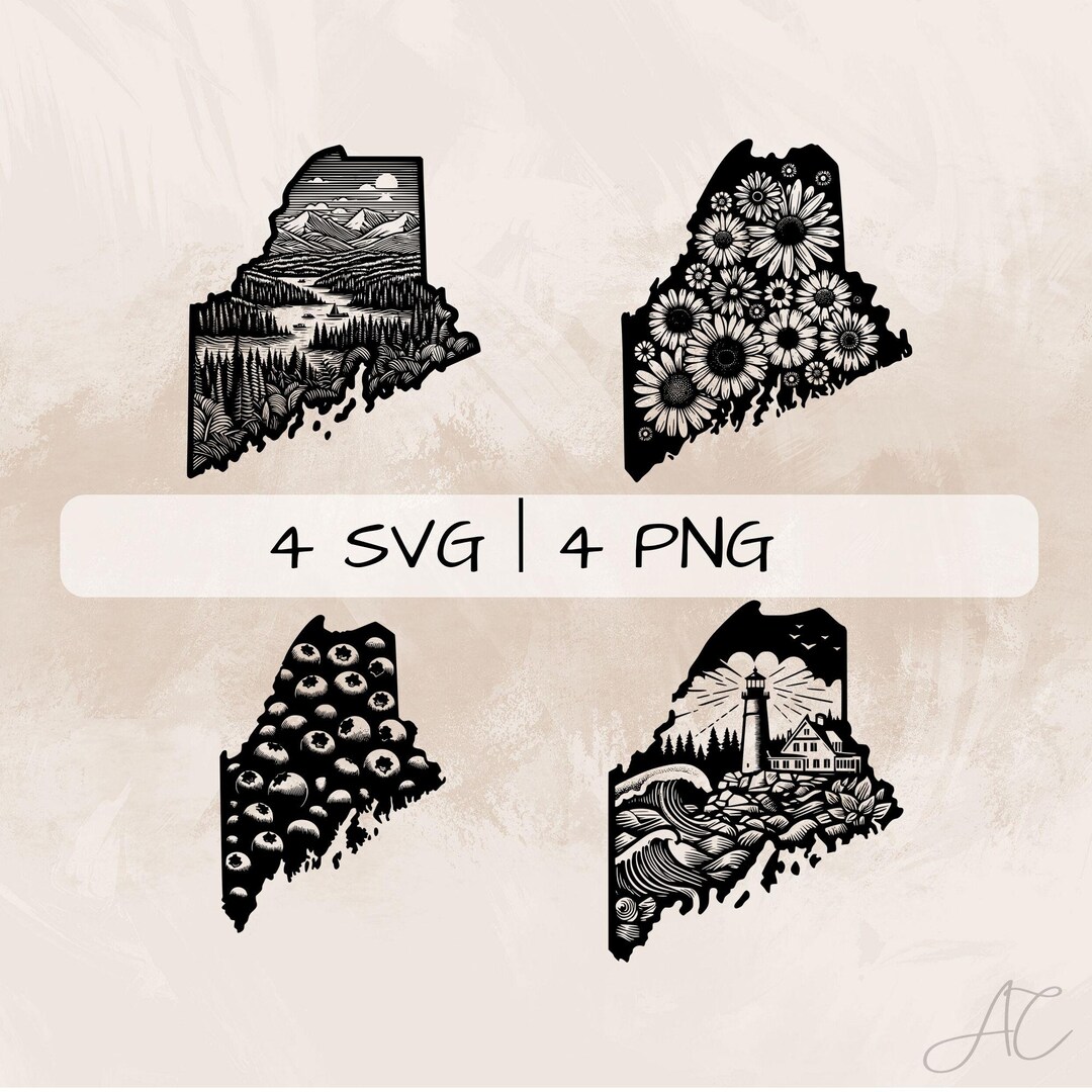 Maine SVG Bundle, Maine State PNG ,maine Outline Clipart, Hand Drawn ...