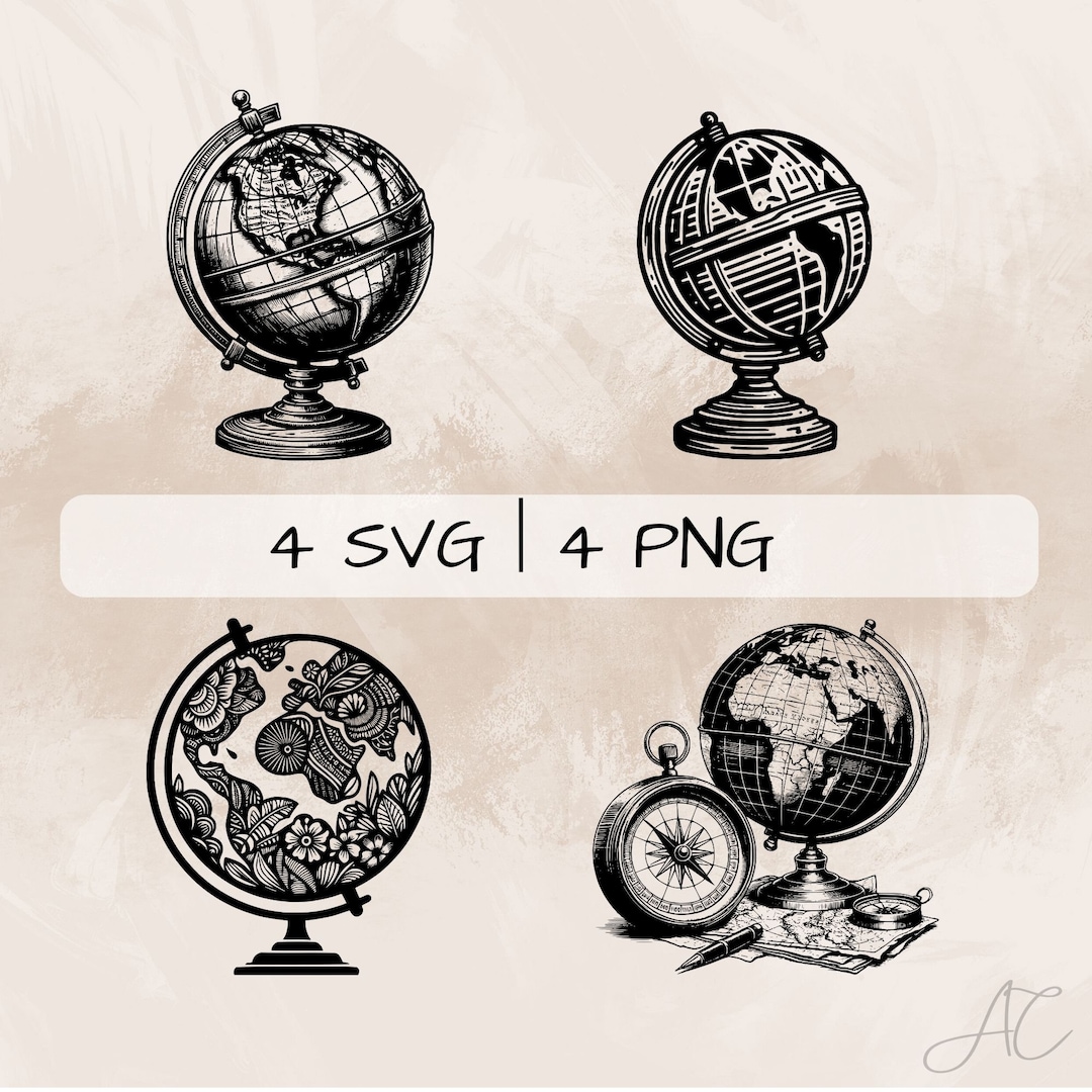 Globus SVG Bundle, World Globe PNG, Floral Globe Clipart, Hand Drawn ...