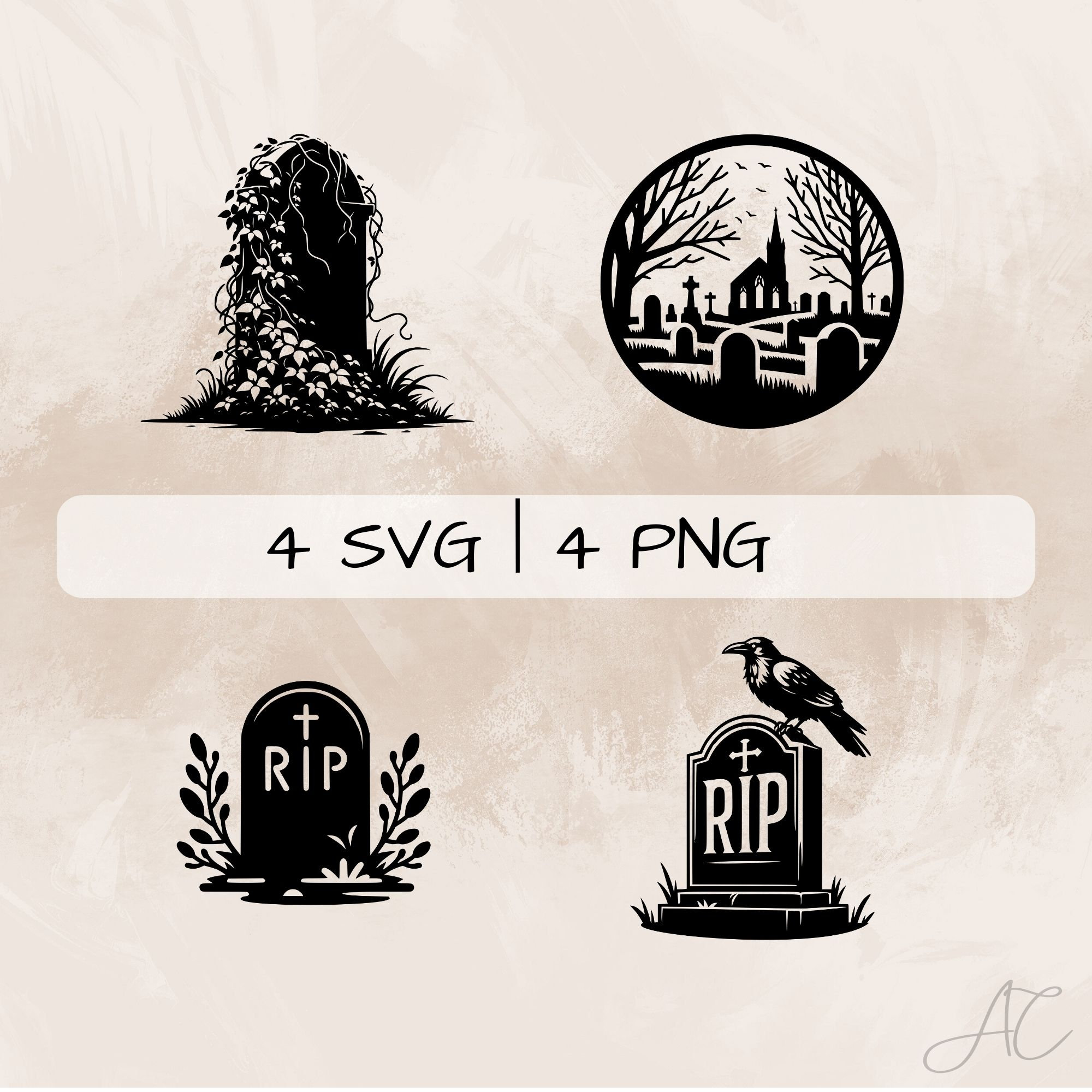 Gravestone SVG Bundle, Graveyard PNG, Tombstone Clipart, Hand Drawn ...