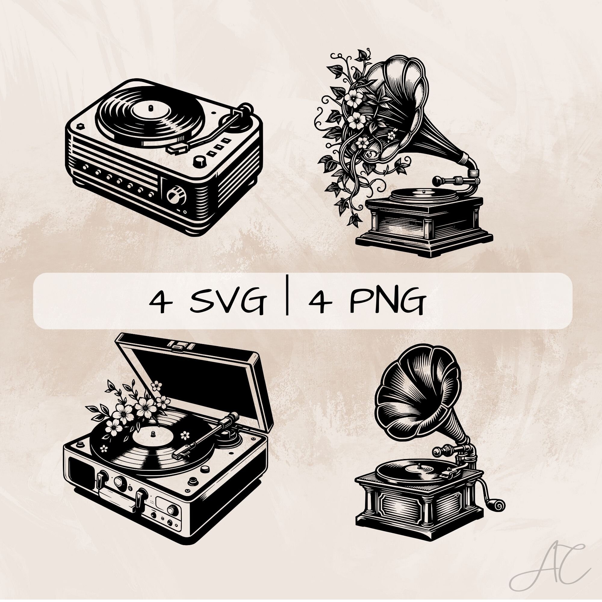 Record Player SVG Bundle, Phonograph PNG, Floral Record Player Clipart ...