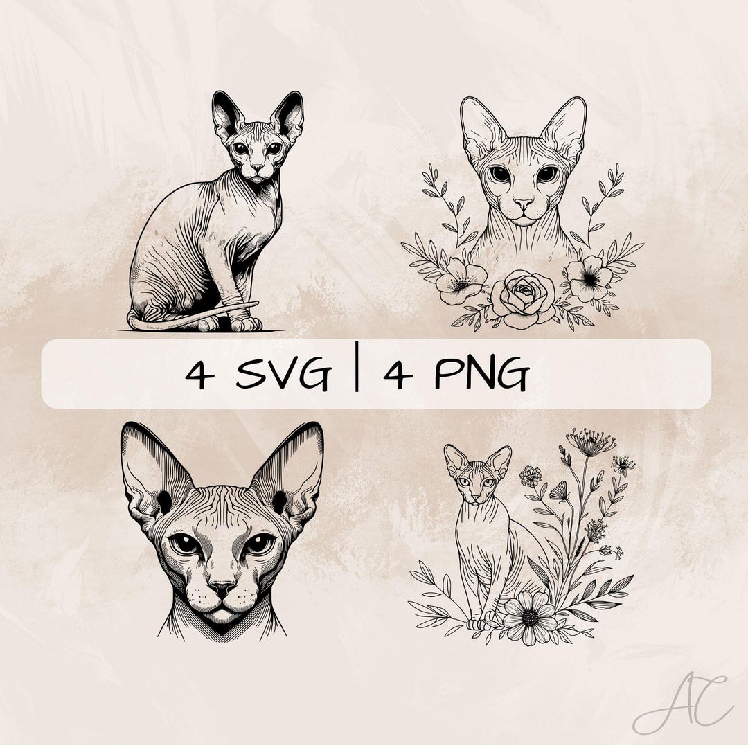Sphynx Cat SVG Bundle, Sphynx Line Art PNG, Floral Sphynx Face Clipart ...