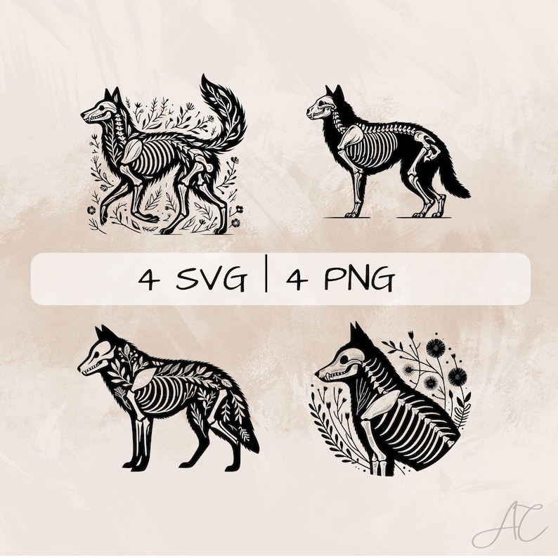 Wolf Skeleton SVG Bundle, Floral Wolf PNG, Skeleton Wolf and Flowers ...