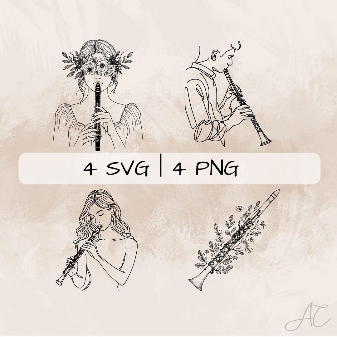 Delicate Clarinet SVG Bundle, Clarinet Line Art PNG, Floral Clarinet ...