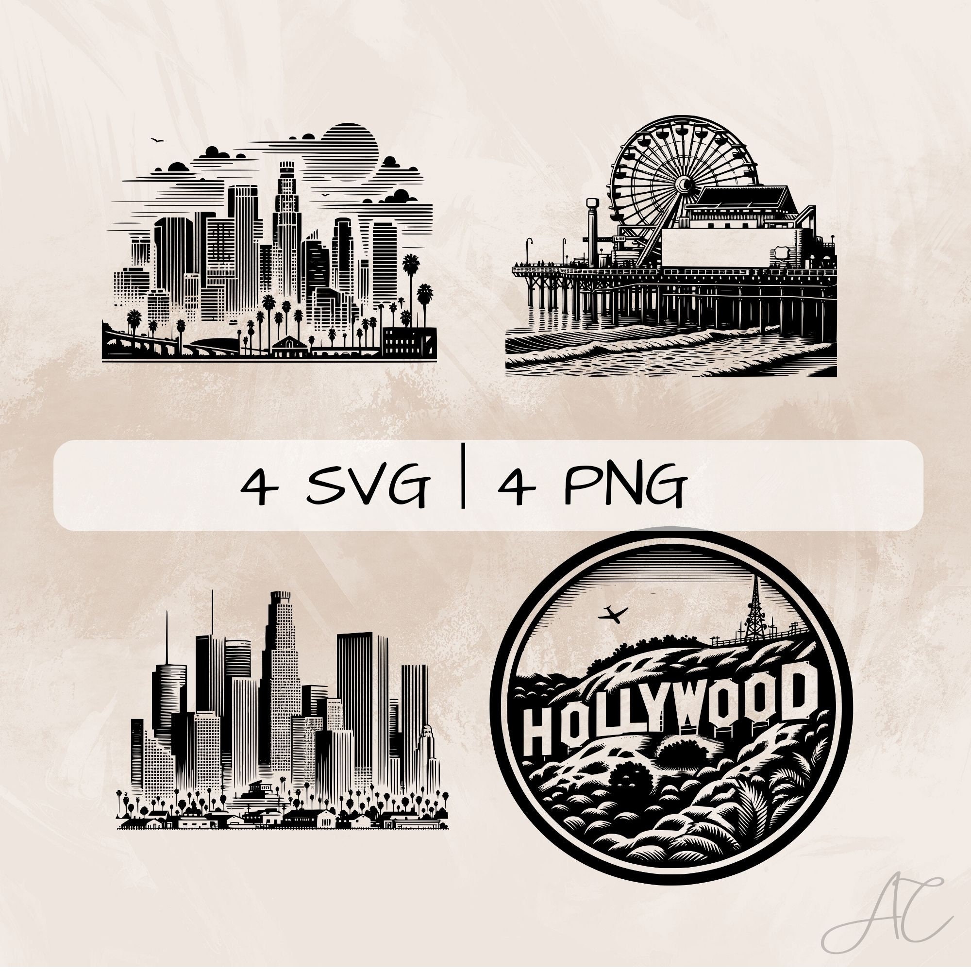 Los Angeles SVG & PNG Bundle,santa Monica Pier Clipart, Hand Drawn Los ...