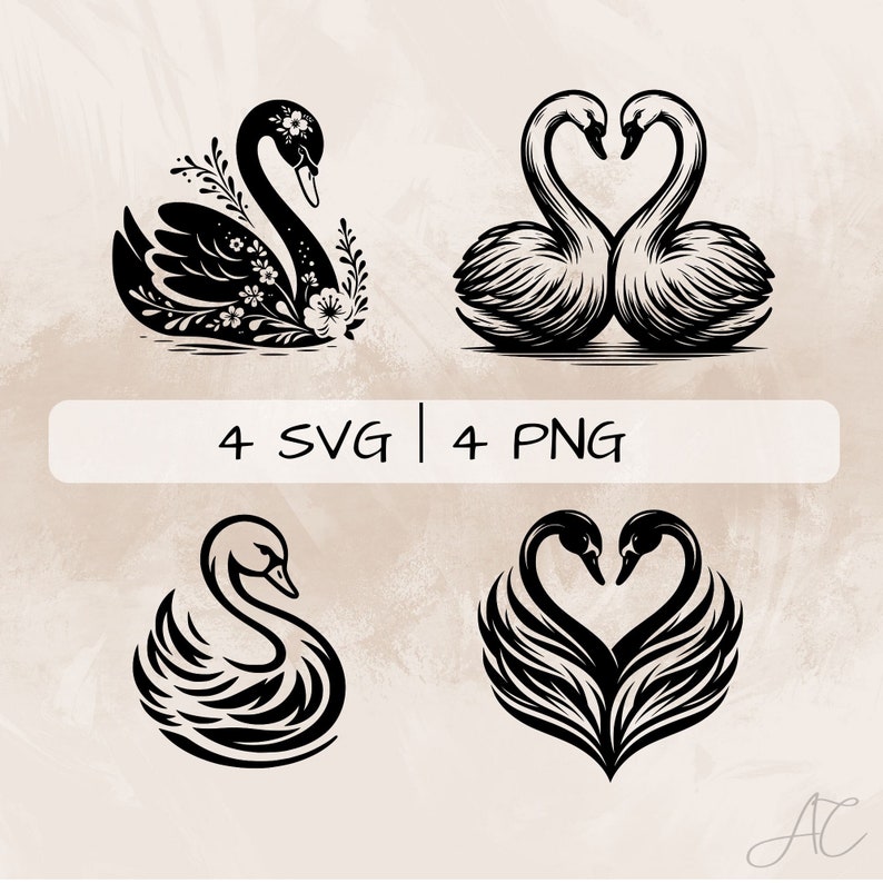 Swan SVG Bundle, Swan Heart PNG, Swan With Flowers Clipart, Hand Drawn ...