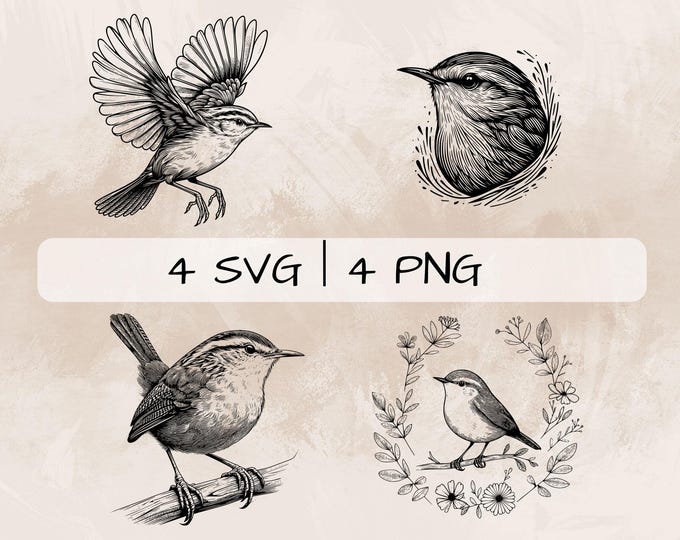 Wren Black Line Clip Art, Printable Simple Bird Decal for Sticker ...