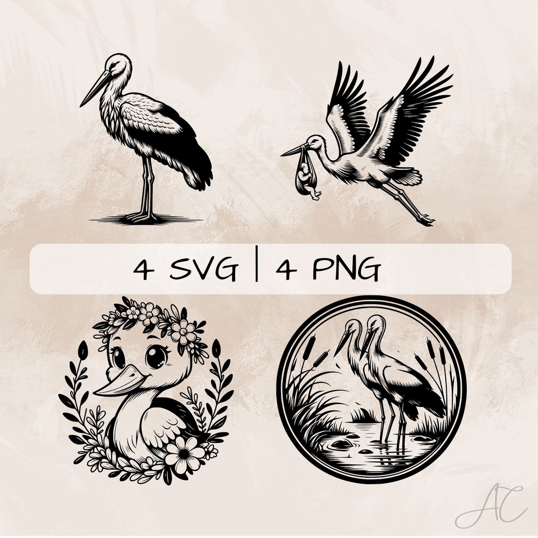 Stork SVG, Stork and Baby PNG, Cute Stork Clipart, Hand Drawn Stork ...