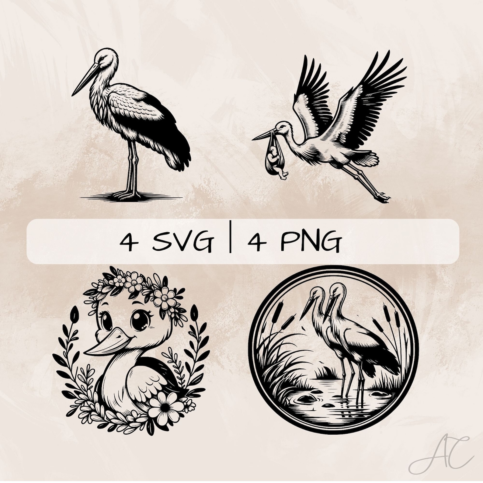 Stork SVG, Stork and Baby PNG, Cute Stork Clipart, Hand Drawn Stork ...