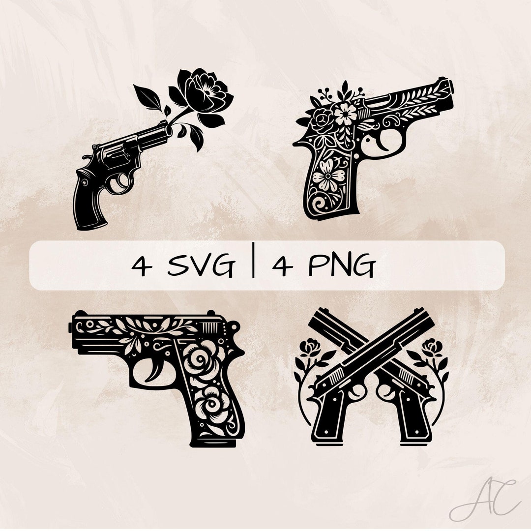 Gun SVG Bundle, Floral Gun PNG, Gun and Flower Clipart, Hand Drawn Gun ...