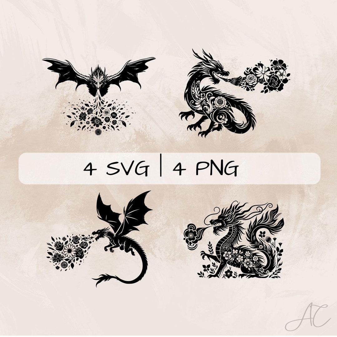 Dragon SVG Bundle, Floral Dragon PNG, Floral Breath Dragon Clipart ...