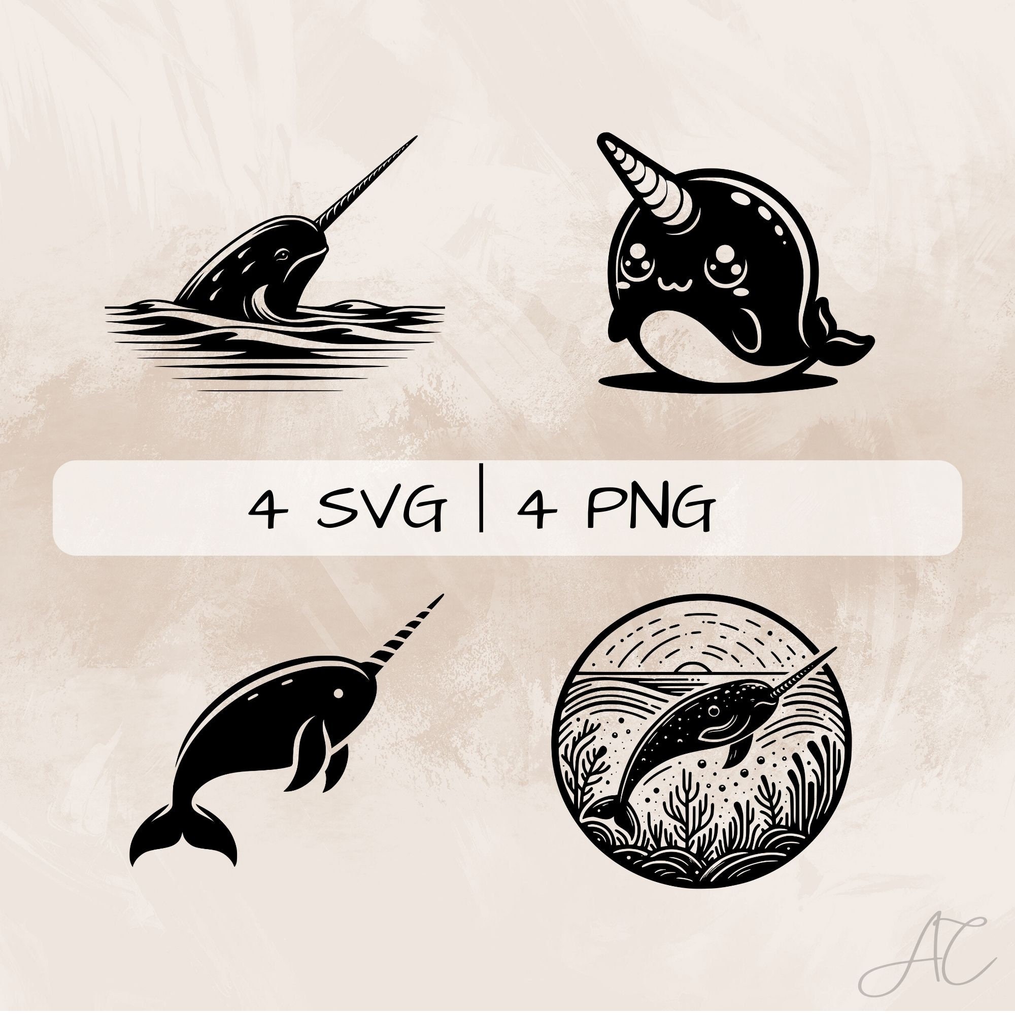 Narwhal SVG Bundle, Whale PNG, Cute Narwhal Clipart, Hand Drawn Narwhal ...