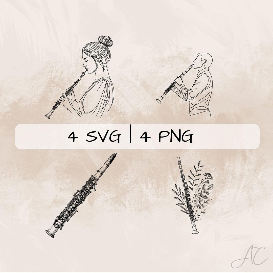 Delicate Oboe SVG Bundle, Oboe Line Art PNG, Oboe Player Clipart, Hand ...