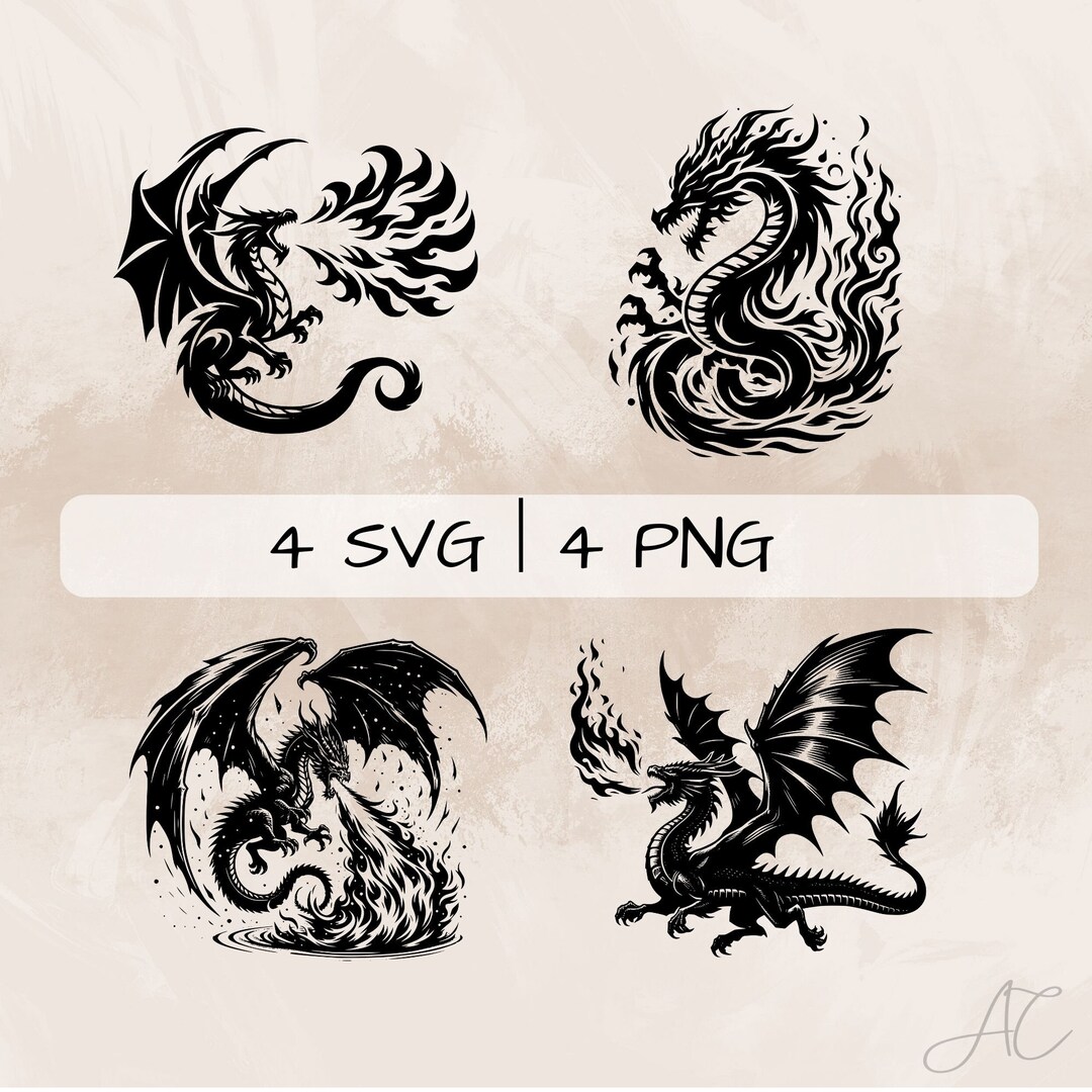 Dragon SVG & PNG Bundle,dragon Fire Clipart, Hand Drawn Dragon Pictures ...