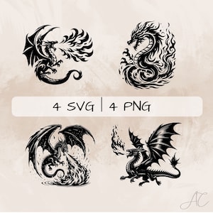 Dragon SVG & PNG Bundle,dragon Fire Clipart, Hand Drawn Dragon Pictures ...