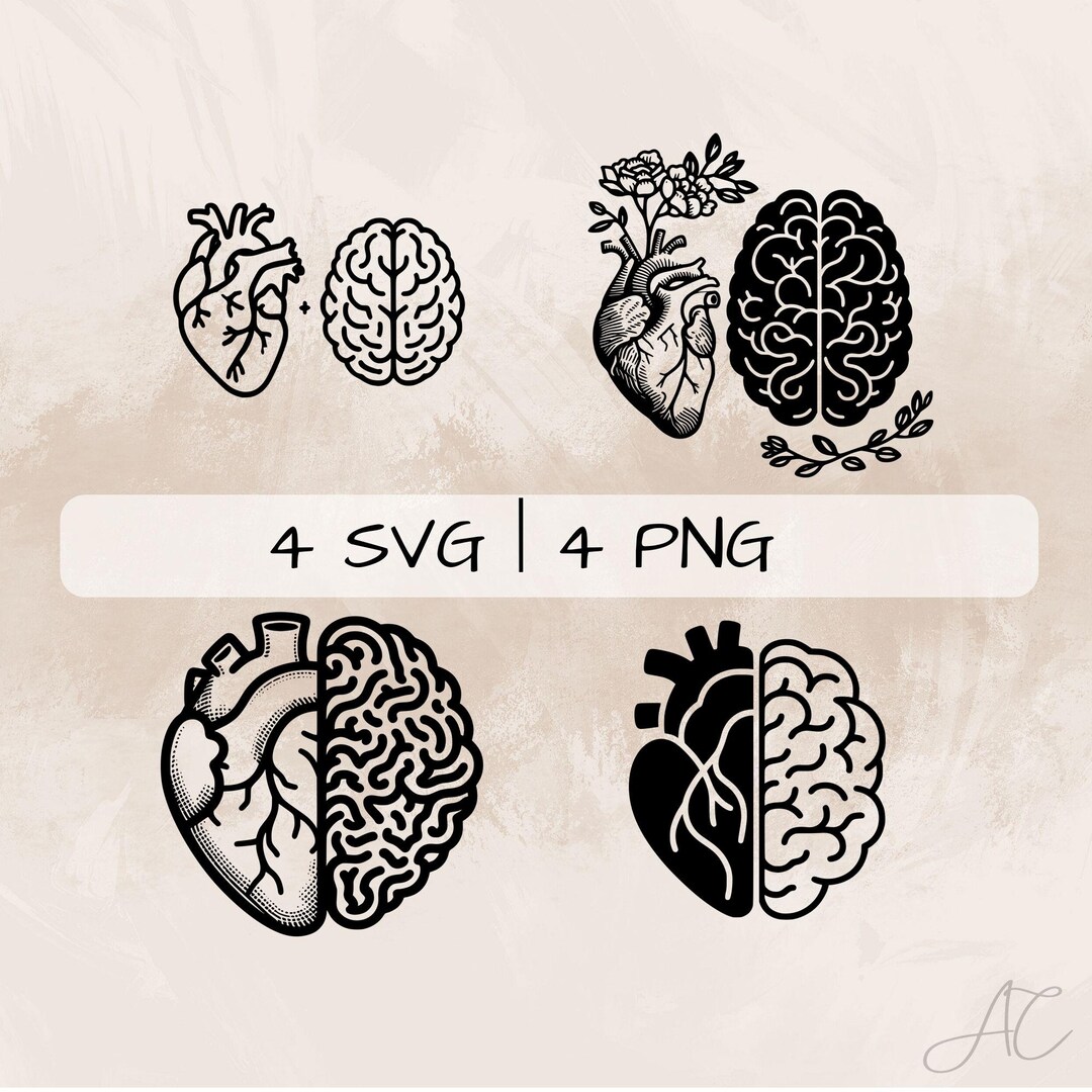 Heart and Brain SVG Bundle, Floral Heart and Brain PNG, Mental Health ...