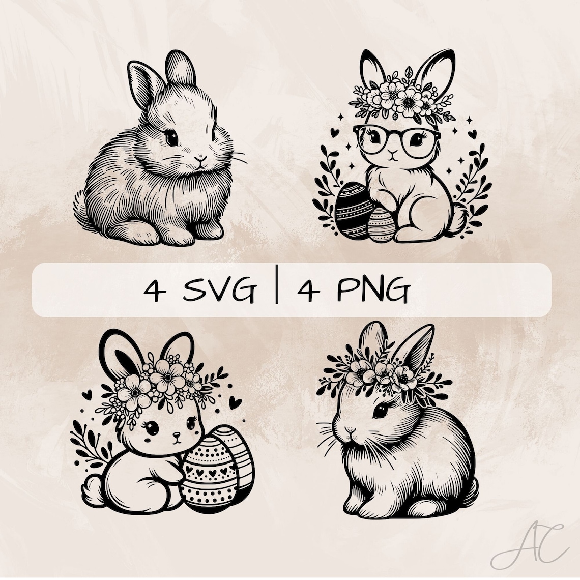 Bunny SVG Bundle, Easter Bunny PNG, Rabbit Clipart, Hand Drawn Bunny ...