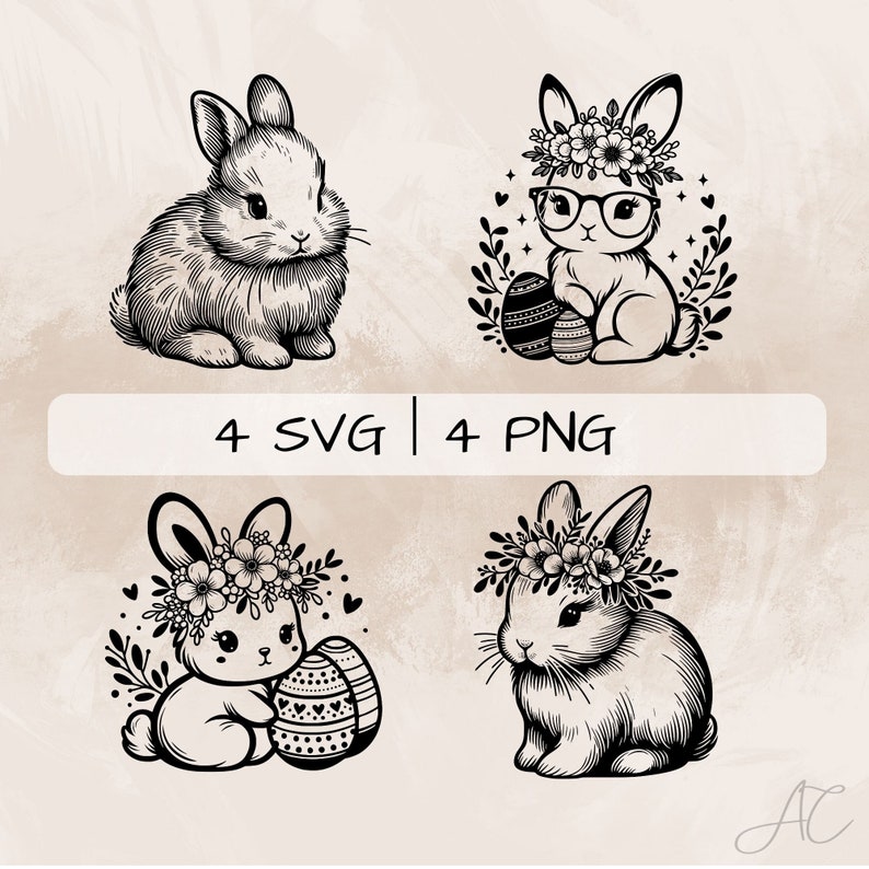 Bunny SVG Bundle, Easter Bunny PNG, Rabbit Clipart, Hand Drawn Bunny ...