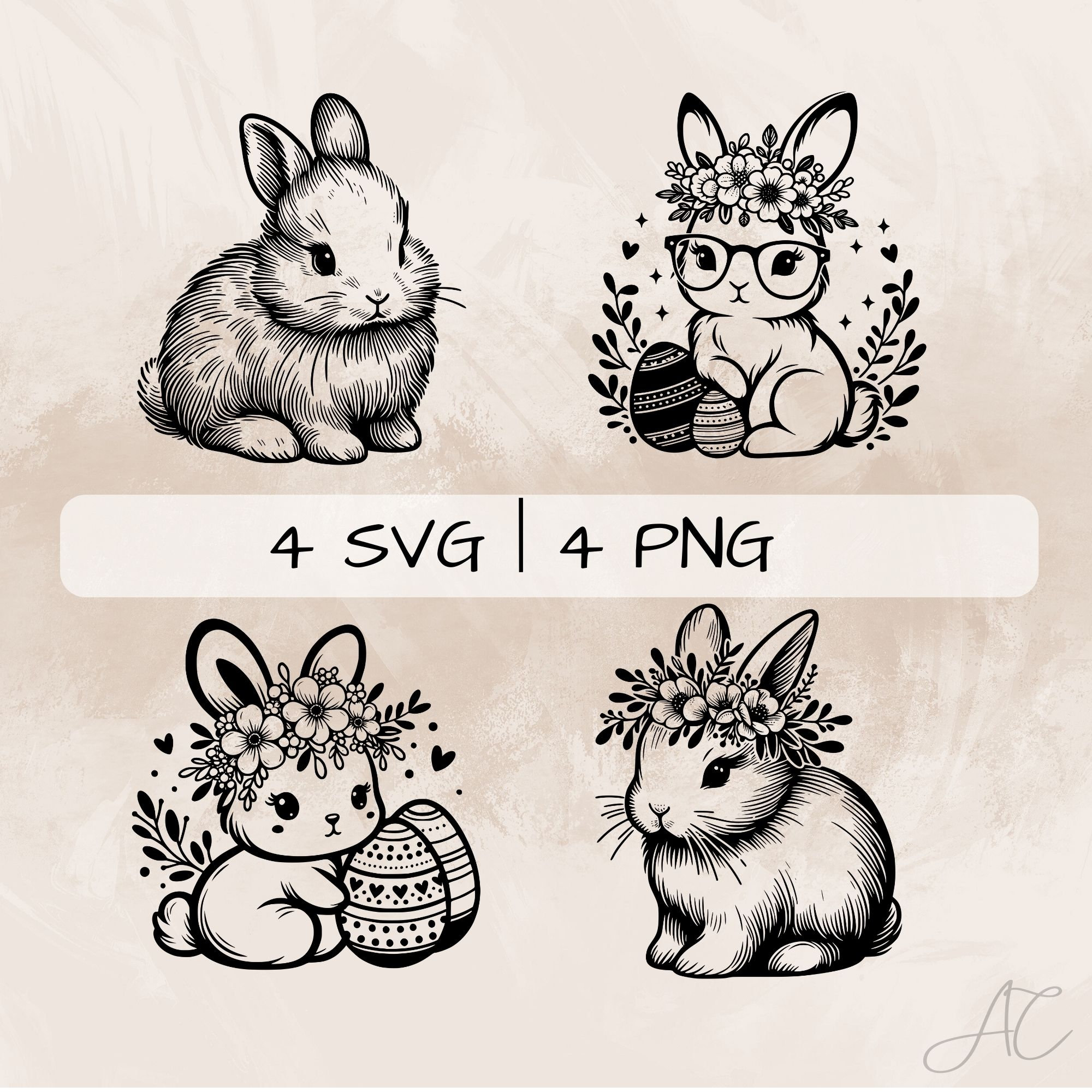 Bunny SVG Bundle, Easter Bunny PNG, Rabbit Clipart, Hand Drawn Bunny ...