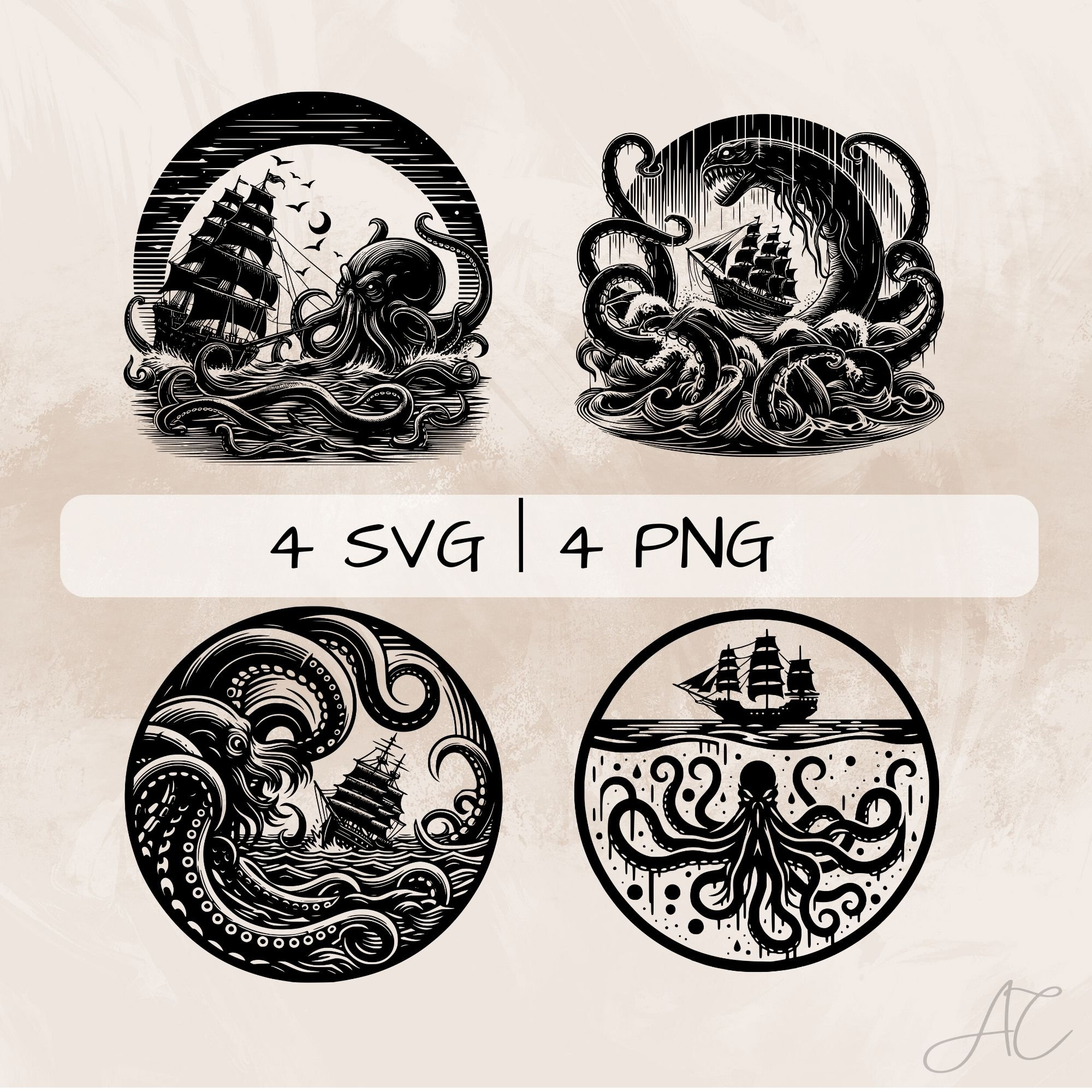 Kraken SVG & PNG Bundle,kraken Monster Clipart, Hand Drawn Kraken ...