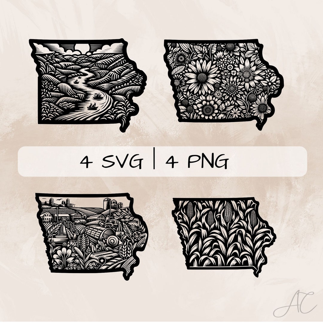 Iowa SVG Bundle, Iowa Map PNG, Iowa Outline Clipart, Hand Drawn Iowa ...