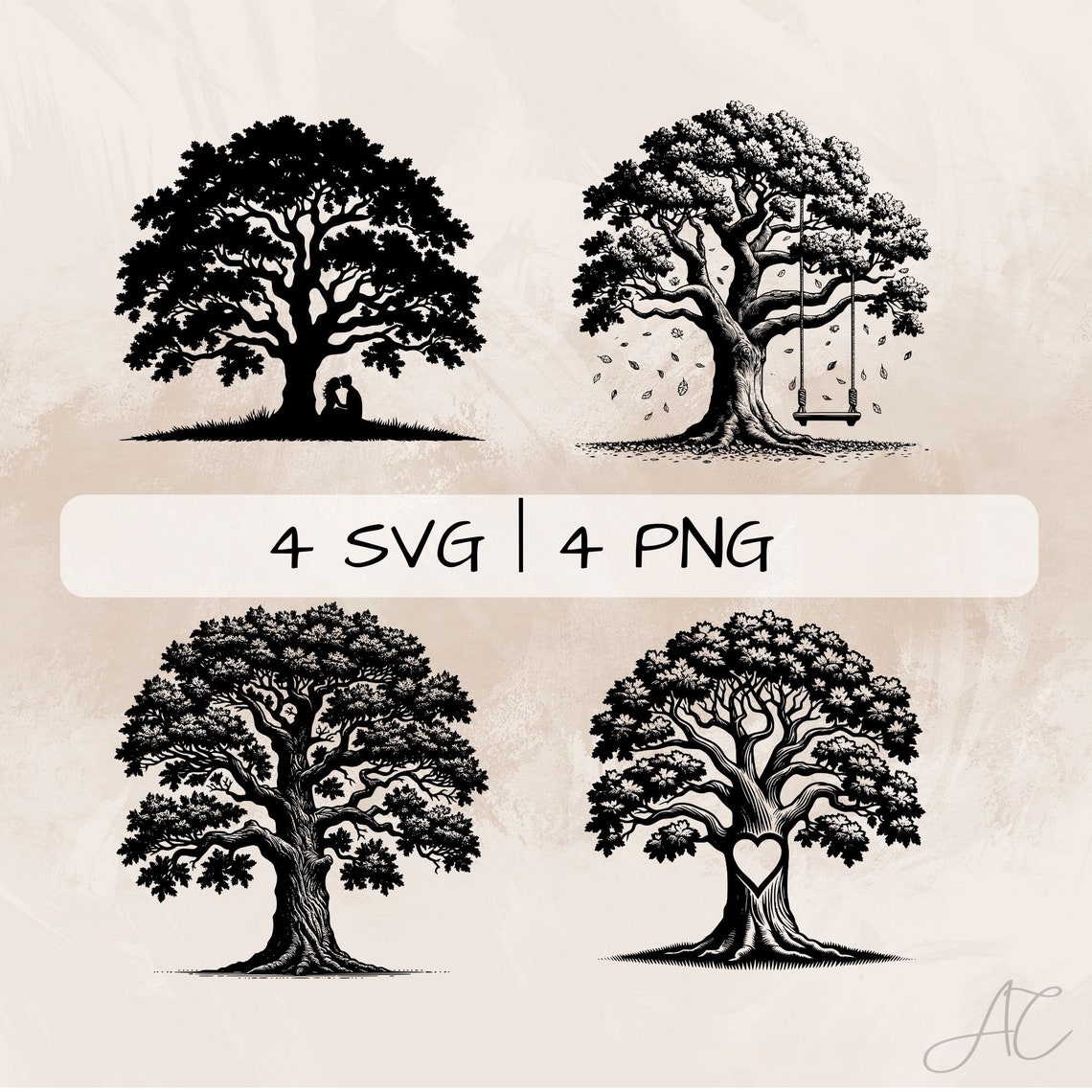 Oak Tree SVG Bundle, Oak Tree and Heart PNG, Oak Tree and Swing Clipart ...