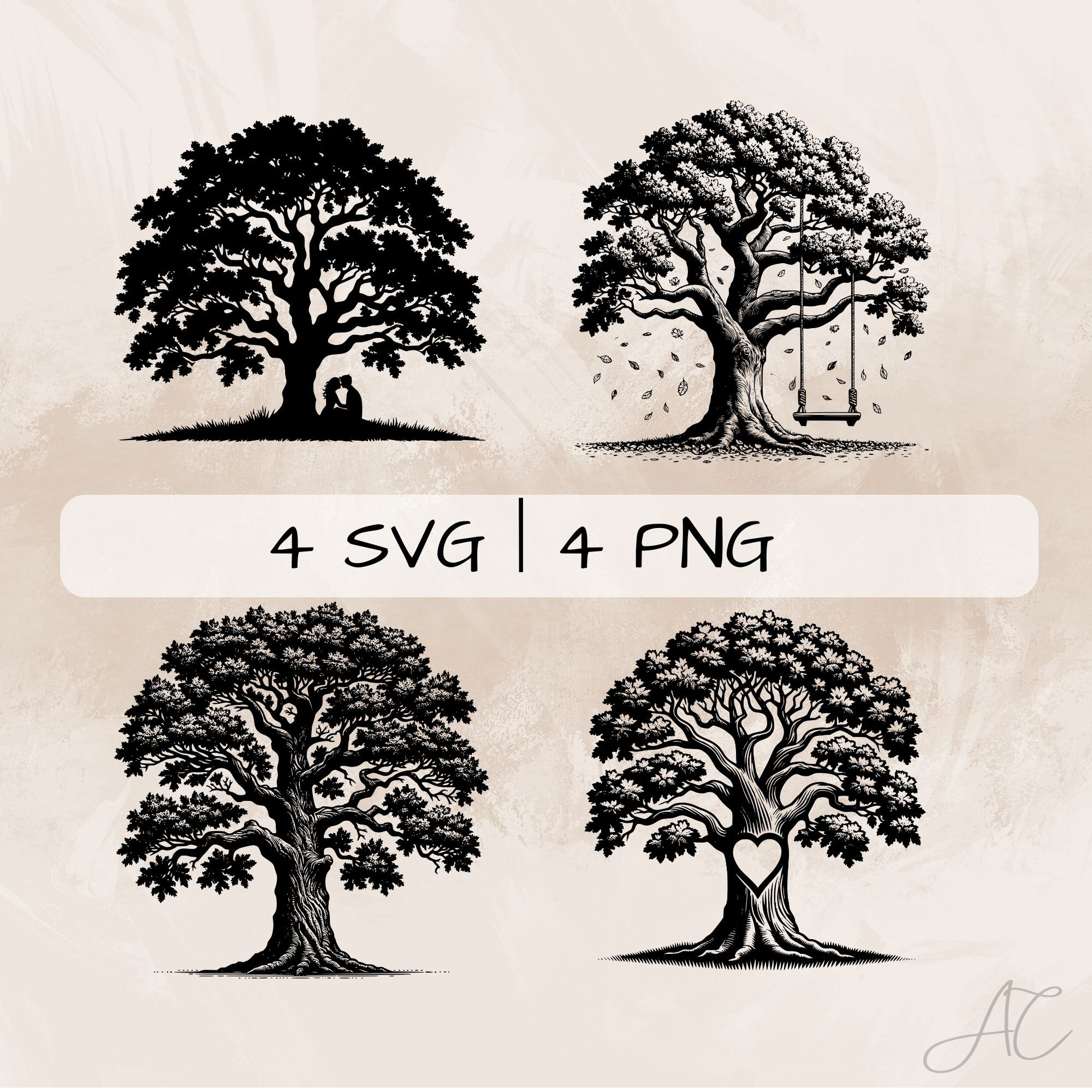 Oak Tree SVG Bundle, Oak Tree and Heart PNG, Oak Tree and Swing Clipart ...