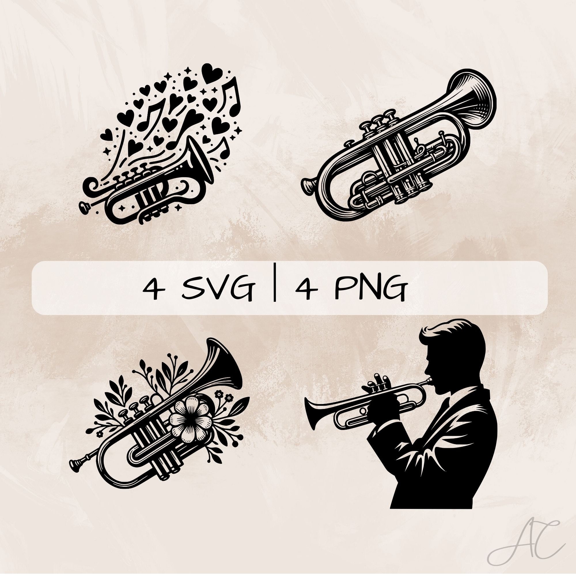 Trumpet SVG Bundle, Trumpet and Flowers PNG, Trumpet and Heart Clipart ...