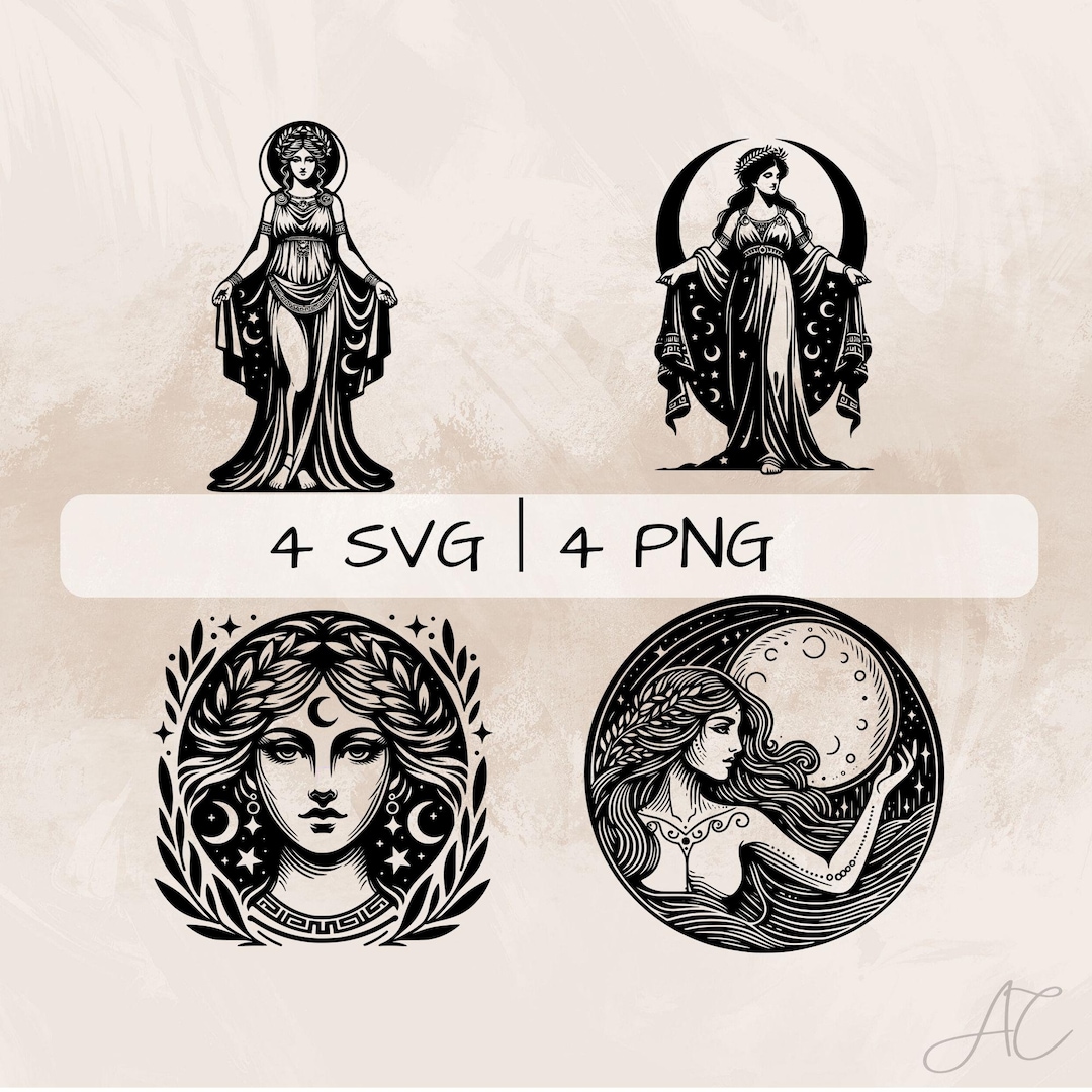 Selene SVG Bundle, Moon Goddess PNG, Greek Goddess Clipart, Hand Drawn Selene Pictures for Print ...