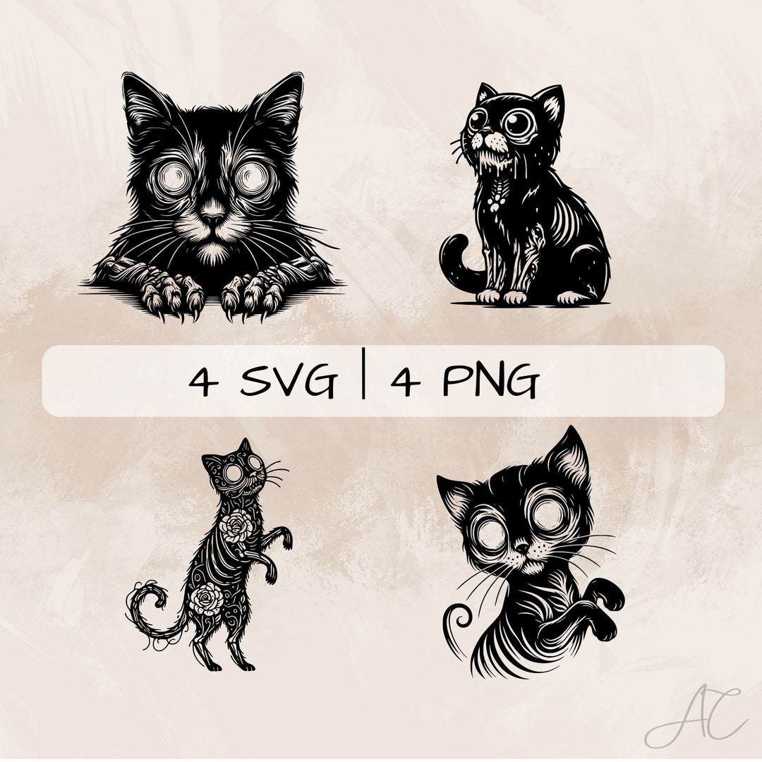 Zombie Cat SVG Bundle, Scary Cat PNG, Horror Cat Clipart , Hand Drawn ...