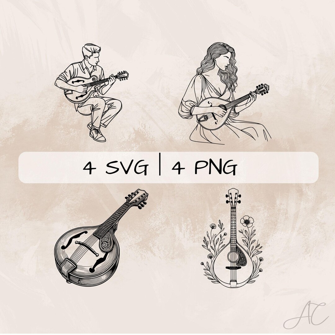 Delicate Mandolin SVG Bundle, Mandolin Line Art PNG, Floral Mandolin ...