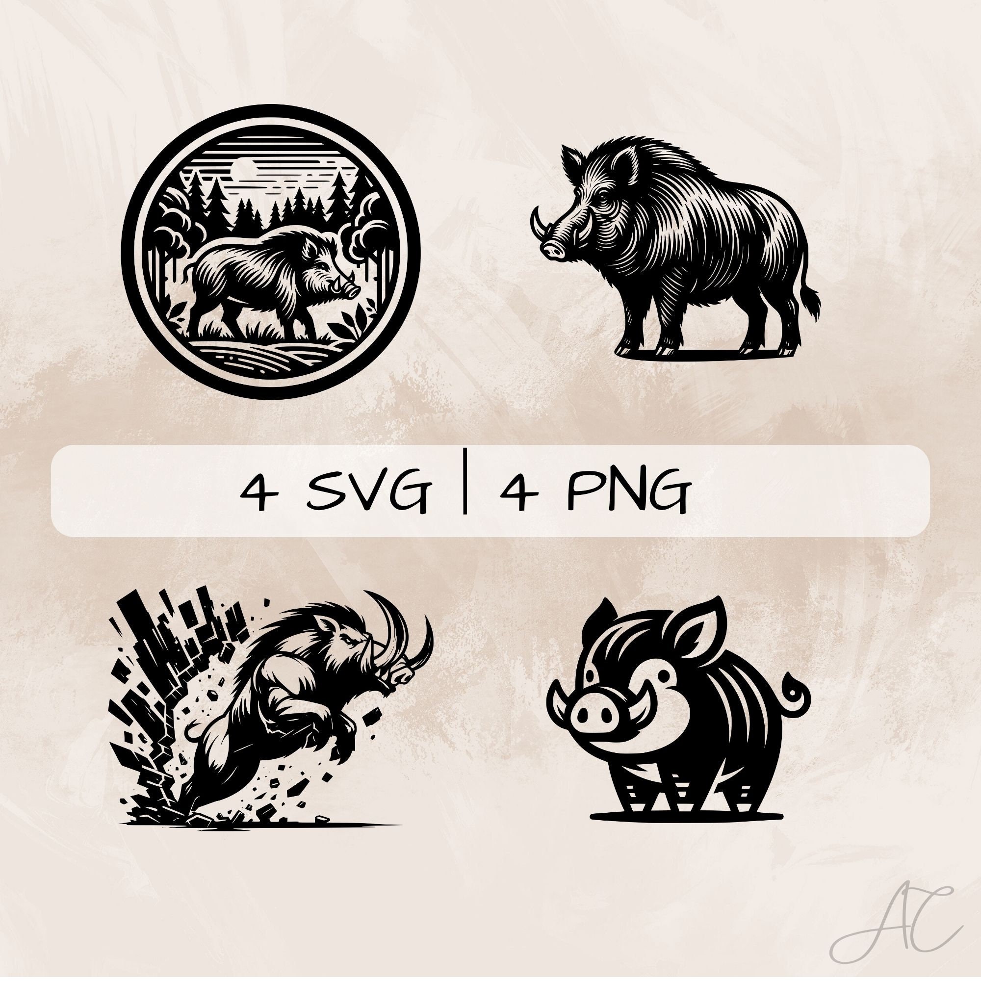 Wild Boar SVG Bundle, Boar PNG, Boar Tusks Clipart, Hand Drawn Wild ...