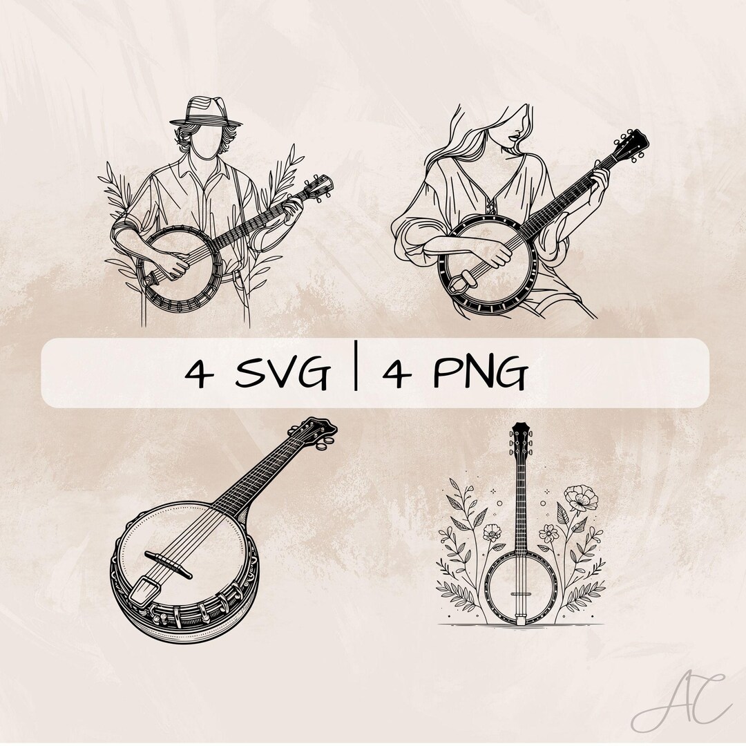 Delicate Banjo SVG Bundle, Banjo Line Art PNG, Floral Banjo Clipart ...