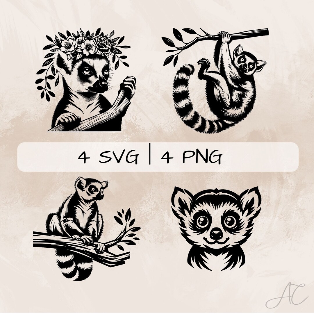 Lemur SVG Bundle, Lemur With Flowers PNG, Lemur on Tree Clipart, Hand ...