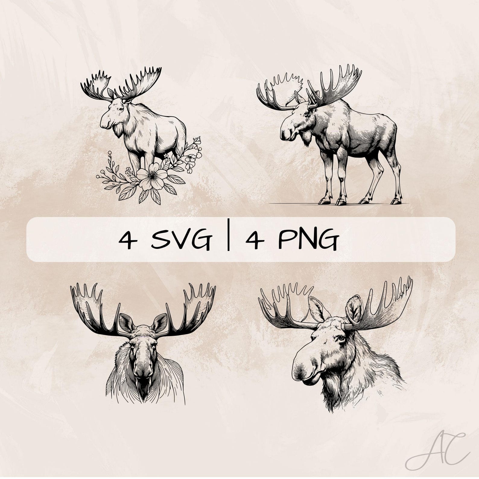 Delicate Moose SVG Bundle, Moose Face PNG ,floral Moose Clipart, Hand ...
