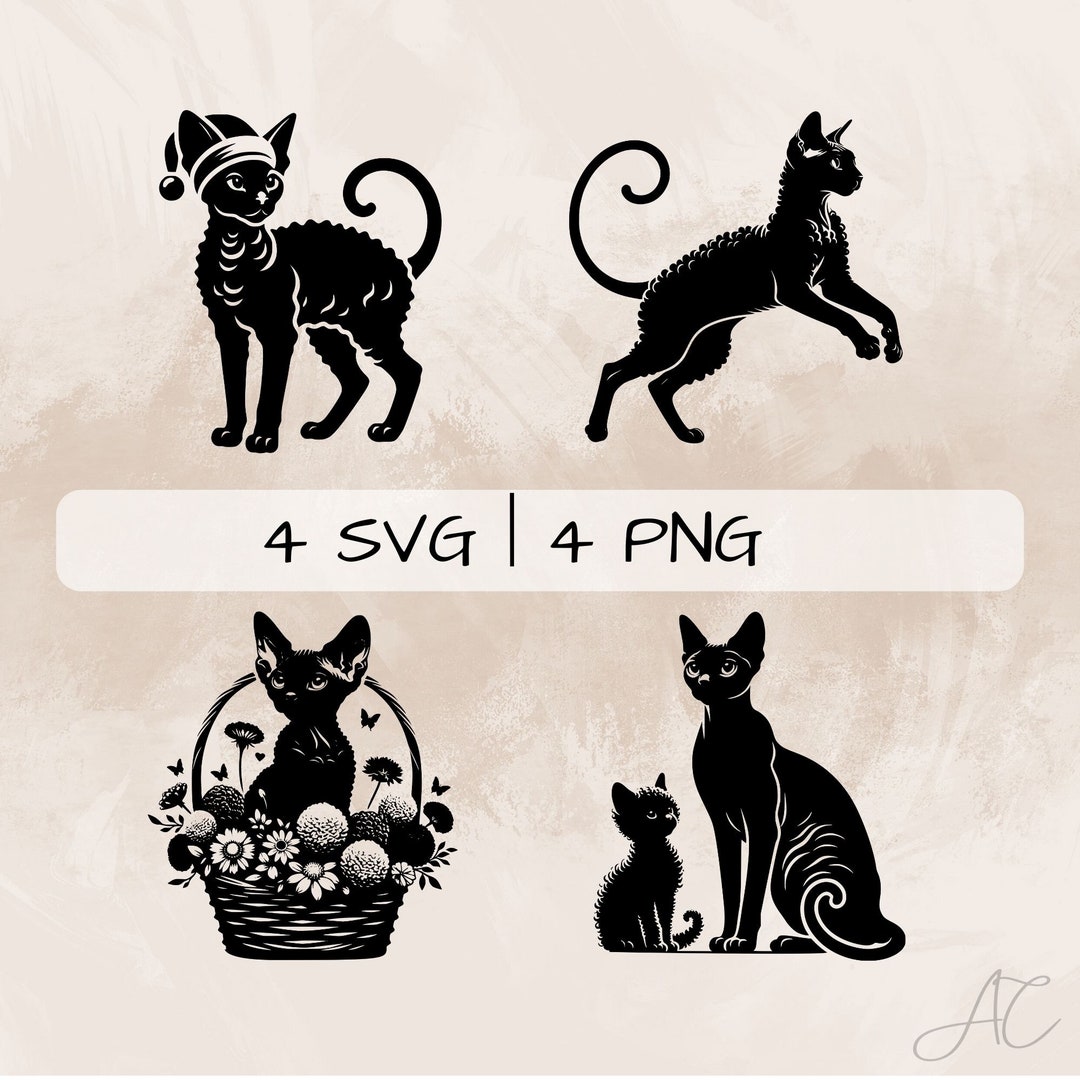 Devon Rex Cat SVG Bundle, Cat PNG, Cat With Flowers Clipart, Hand Drawn ...