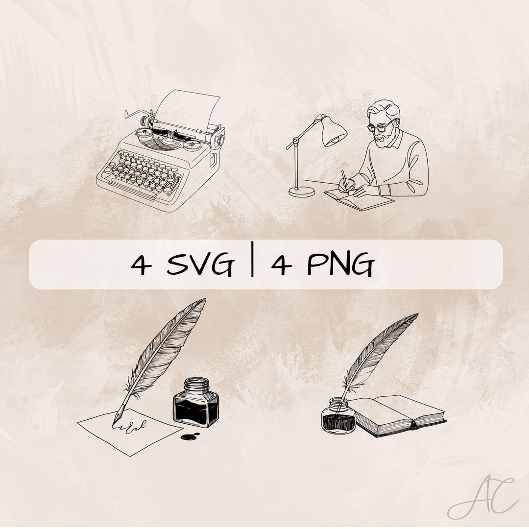 Writer SVG Bundle, Quil PNG , Typewriter Clipart, Hand Drawn Writer ...