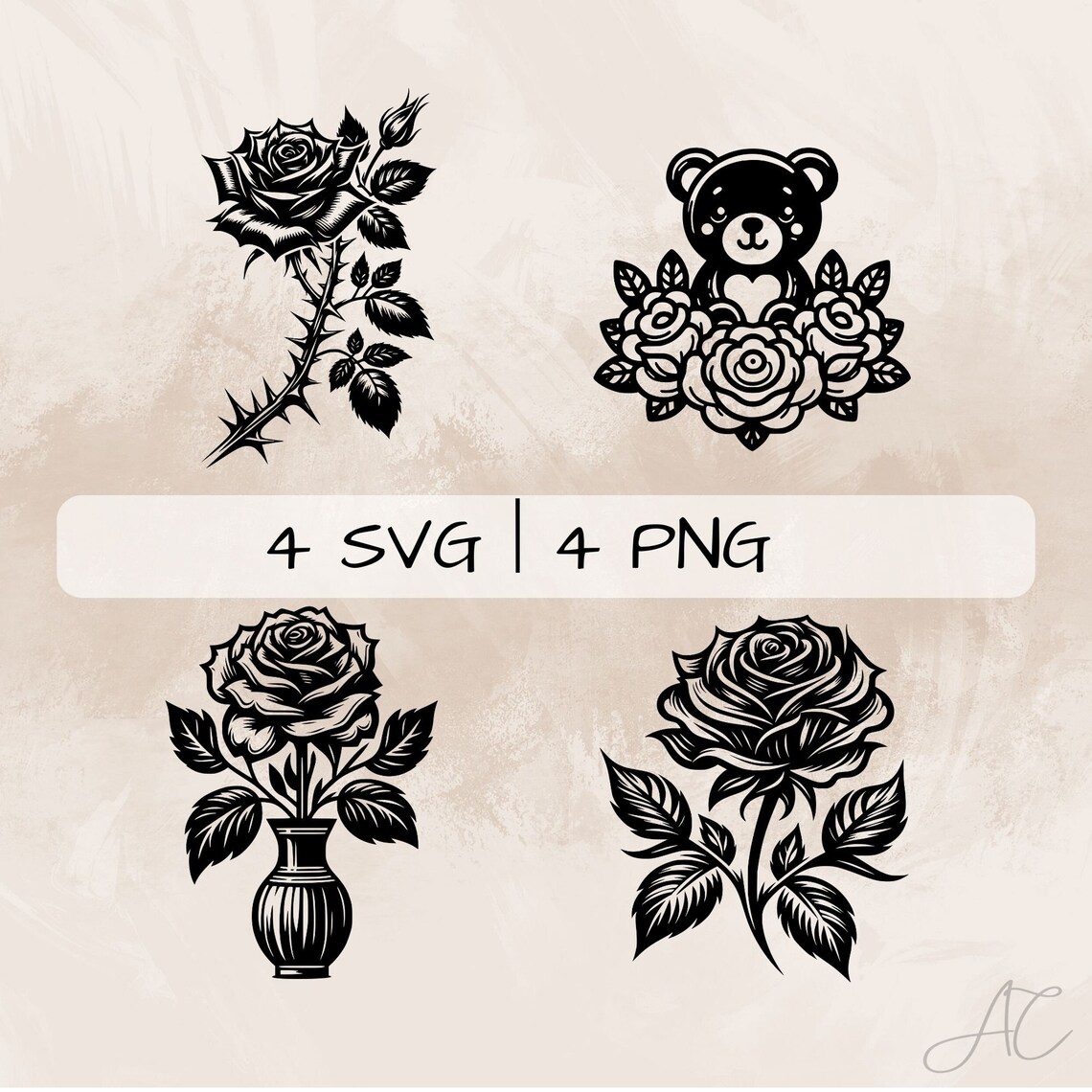 Rose SVG Bundle, Rose and Bear PNG, Rose With Thorns Clipart, Hand ...