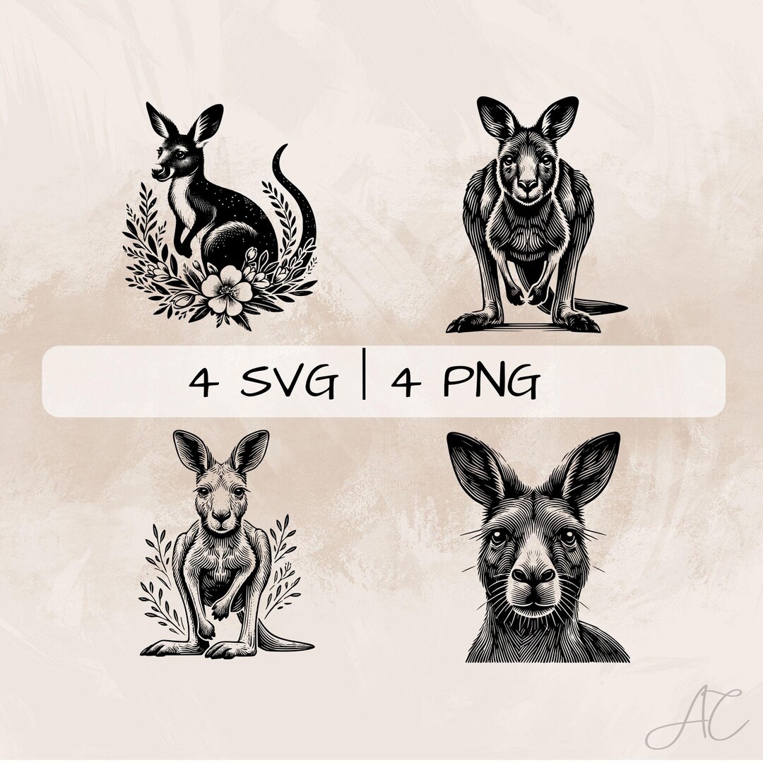 Kangaroo SVG Bundle, Cute Kangaroo PNG , Floral Kangaroo Clipart, Hand ...