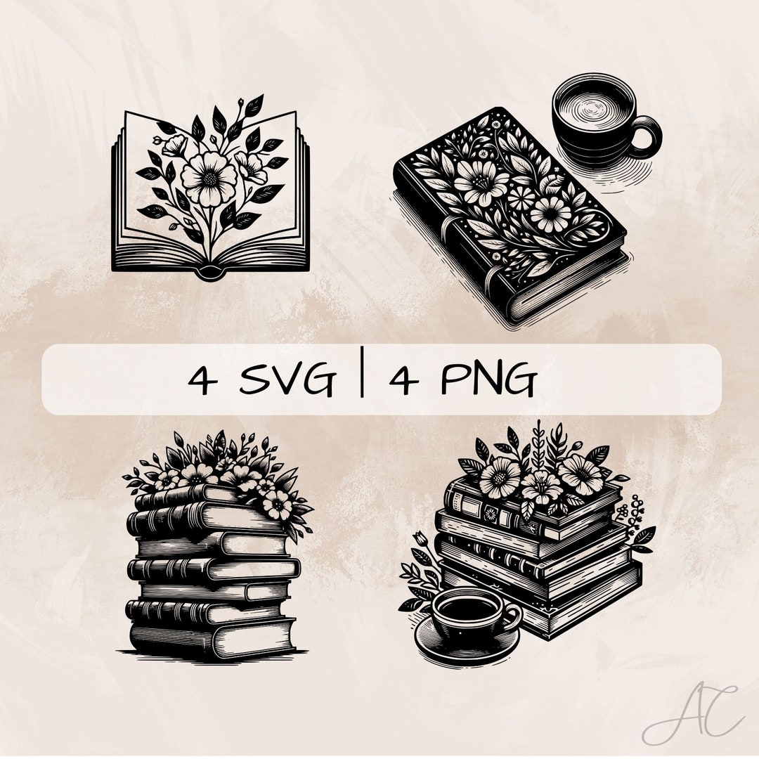 Floral Book SVG, Bookstack PNG, Book With Flowers Clipart, Hand Drawn ...