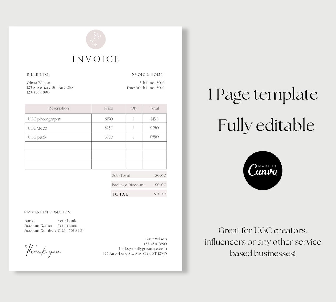 UGC Creator Invoice Template Canva | Invoice Template Editable ...