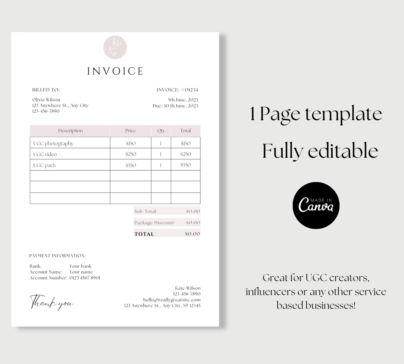 UGC Creator Invoice Template Canva | Invoice Template Editable ...