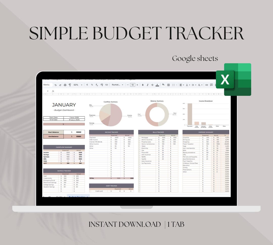 Simple Budget Spreadsheet for Beginner: Excel Google Sheets Template ...