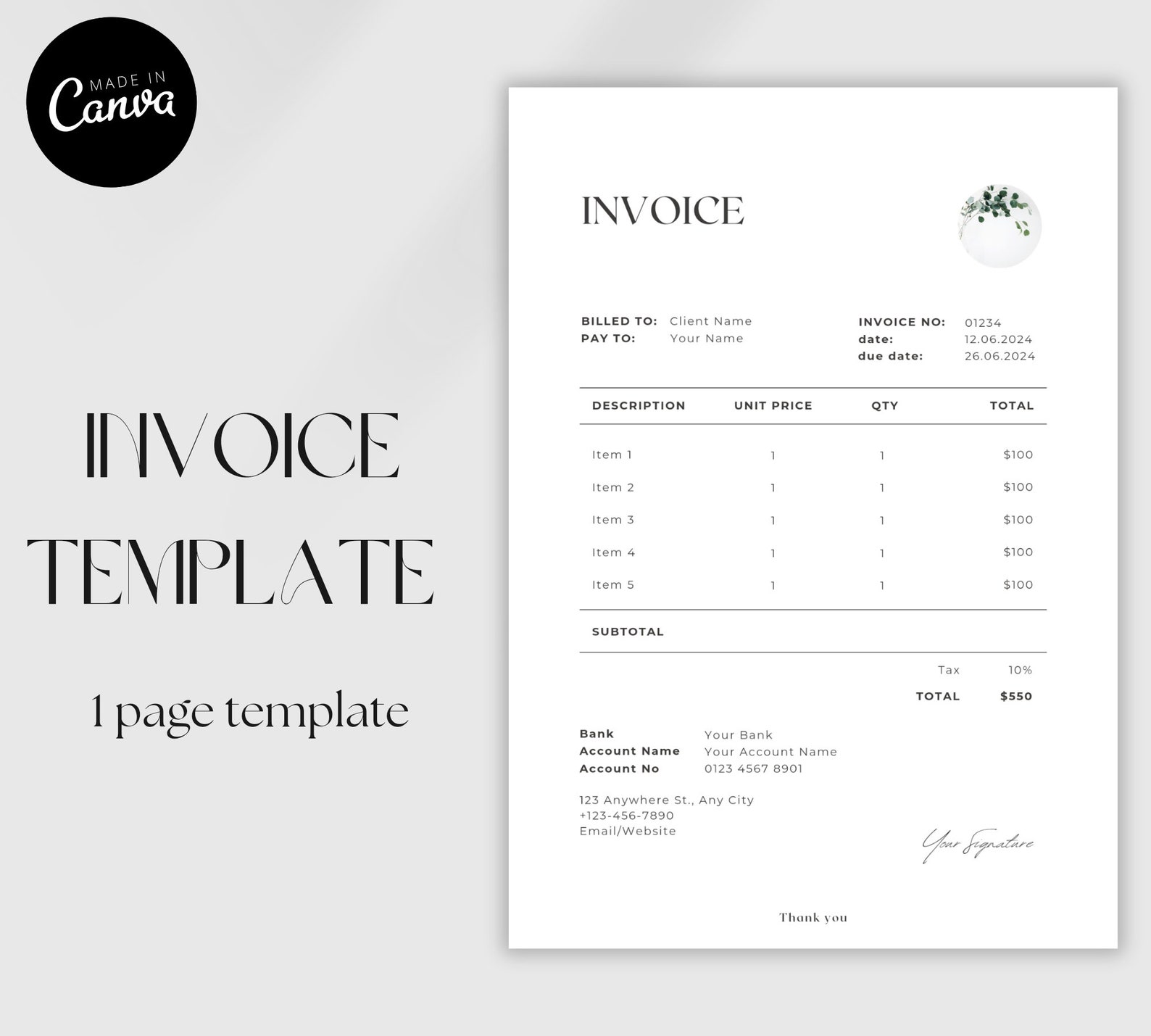 Editable Invoice Template: Simple Business Form (canva PDF) - Etsy