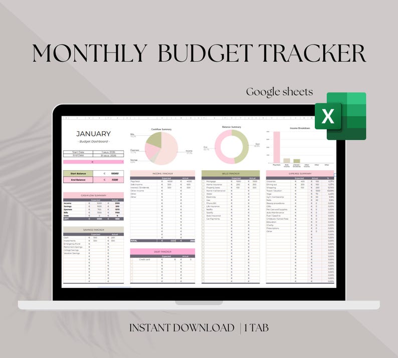 Simple Budget Spreadsheet for Beginner: Excel Google Sheets Template ...