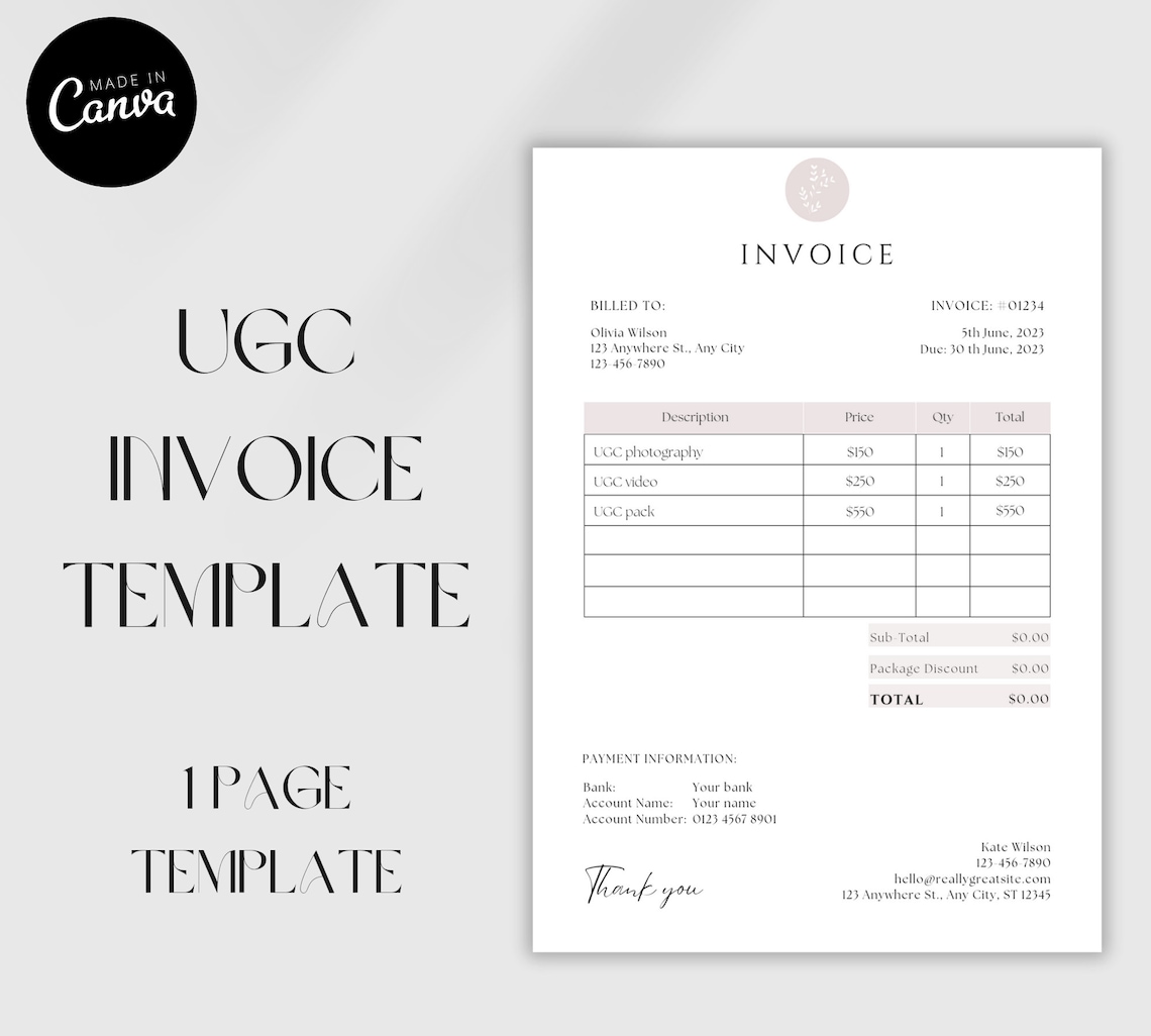 UGC Creator Invoice Template Canva | Invoice Template Editable ...