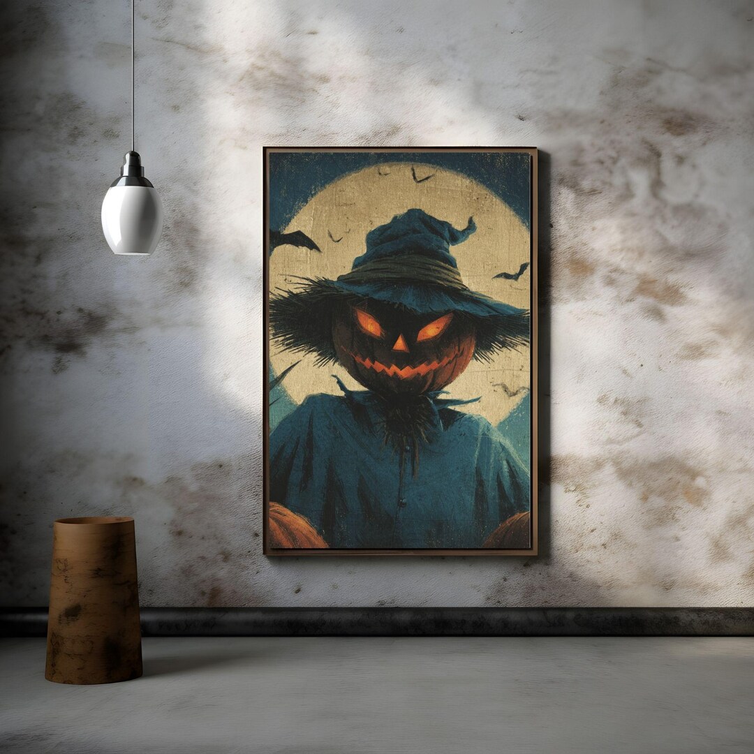 Vintage Halloween Scarecrow Poster,spooky Pumpkin Head Wall Art,haunted ...
