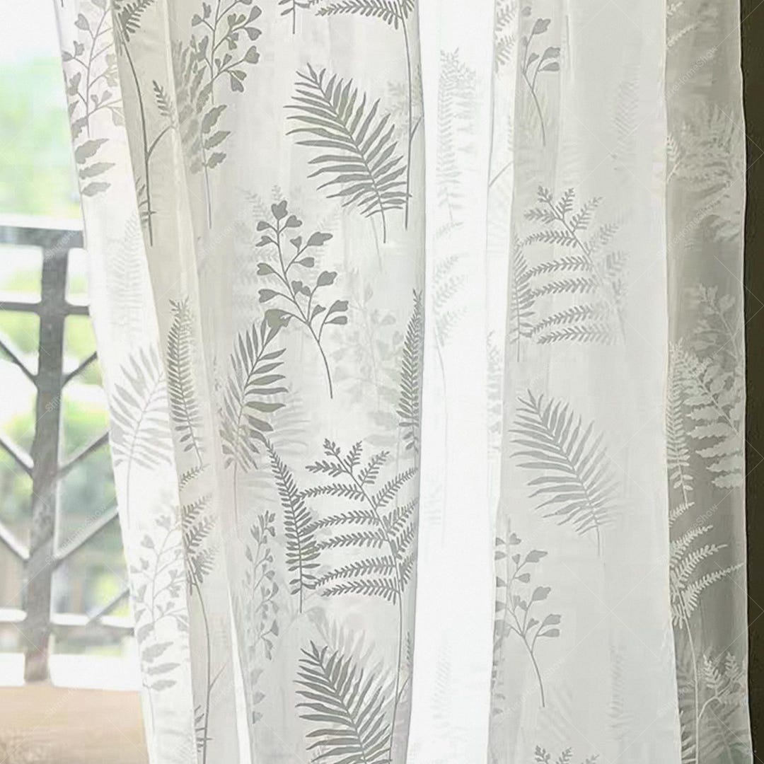 White Sheer Leaf Curtains for Living Room, Botanical Embroidered Voile ...
